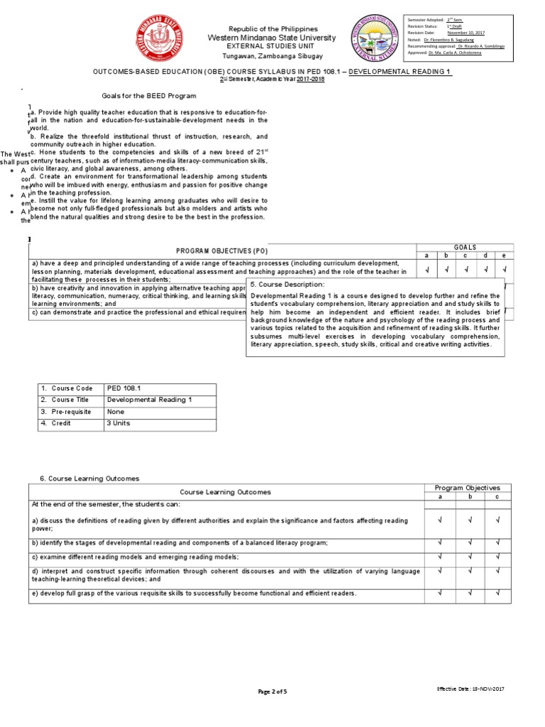 Ped 108.1 Obe Syllabus | PDF | Reading Comprehension | Rubric (Academic)