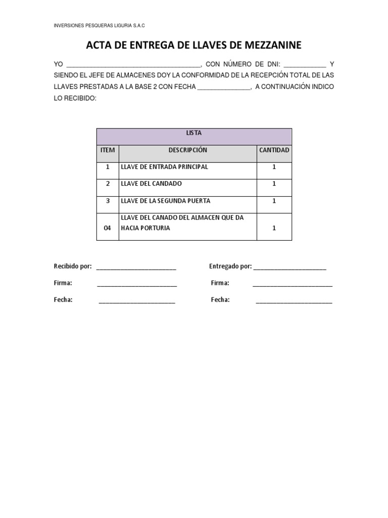 Acta de Entrega Llaves | PDF