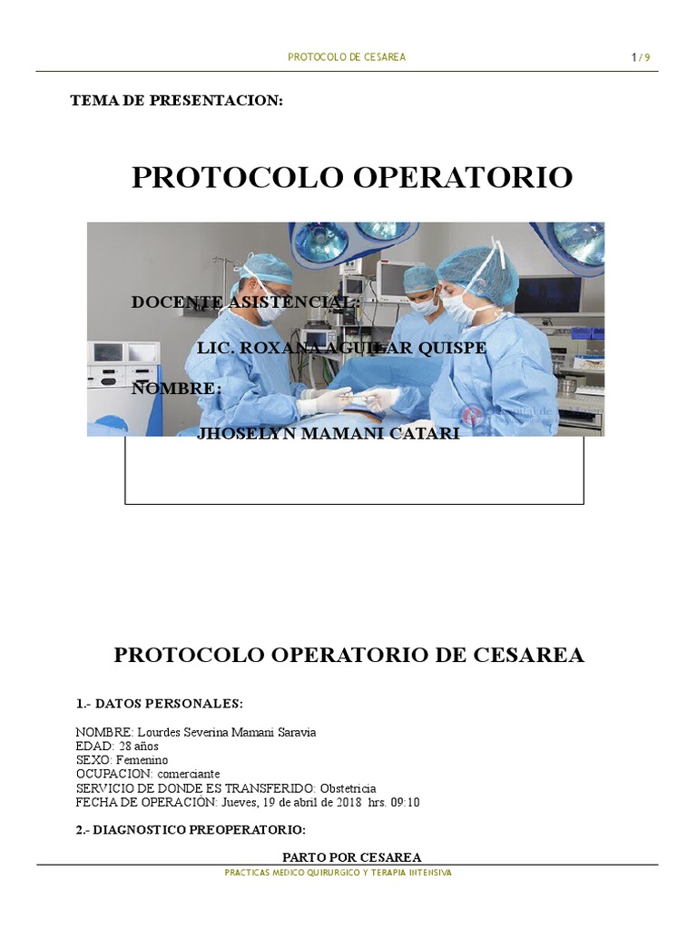 Protocolo Operatorio | PDF | Seccion de cesárea | Parto