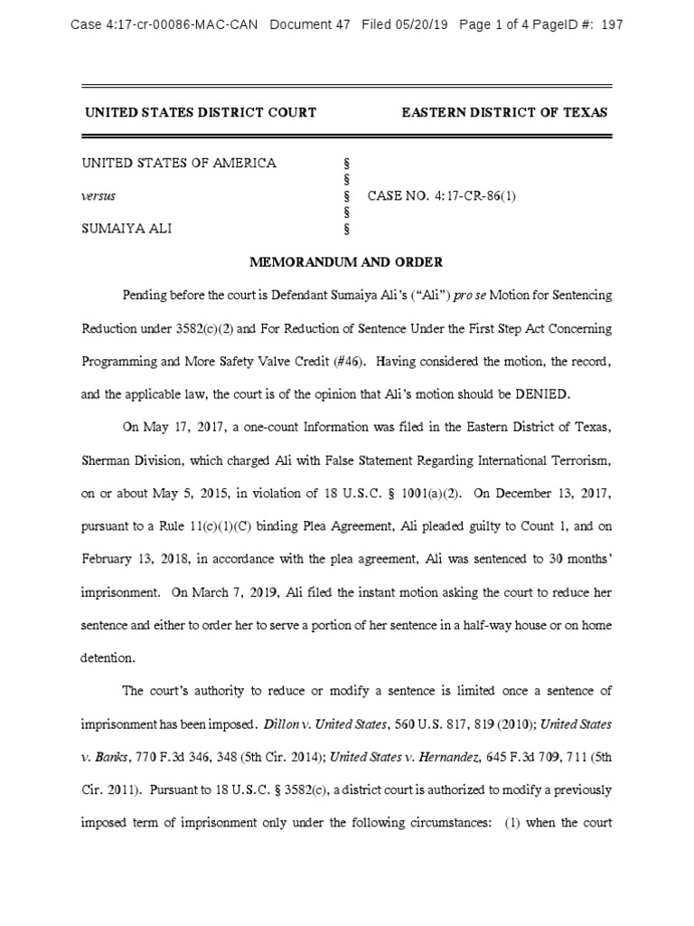 Sumaiya Ali First Step Claim and Ruling | PDF | Plea | Plea Bargain