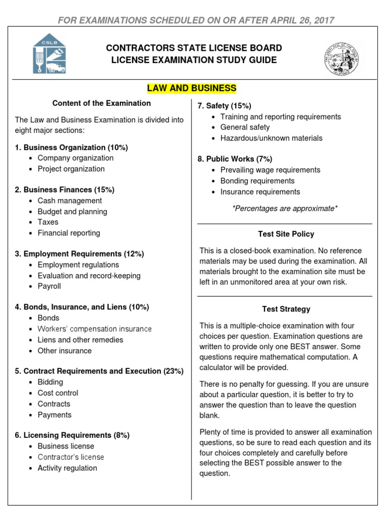 Contractors State License Board License Examination Study Guide | PDF ...