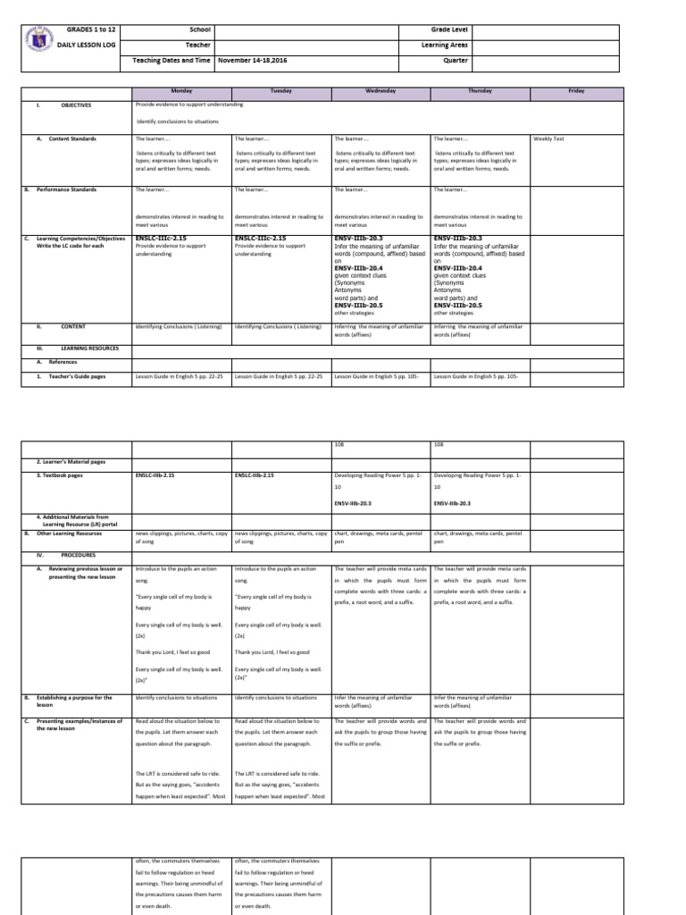 GRADES 1 To 12 Daily Lesson Log School Grade Level Teacher Learning ...