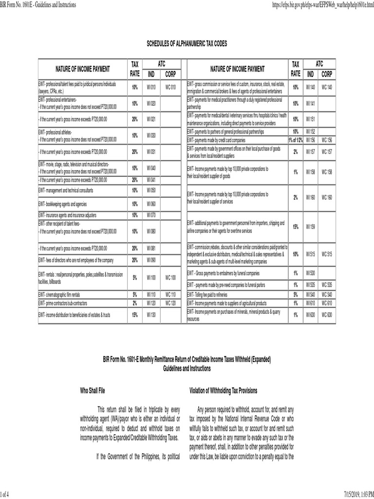 BIR Form No. 1601E - Guidelines and Instructions | PDF | Withholding ...