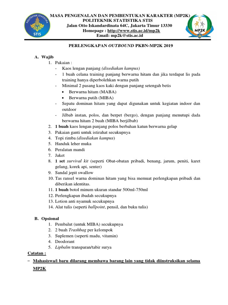 Rincian Perlengkapan Outbound Pkbn-mp2k 2019 | PDF