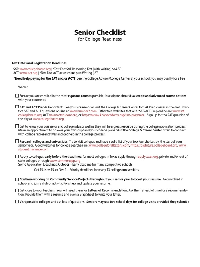 Collegecareernaviance Seniorchecklist | PDF | Sat | Schools
