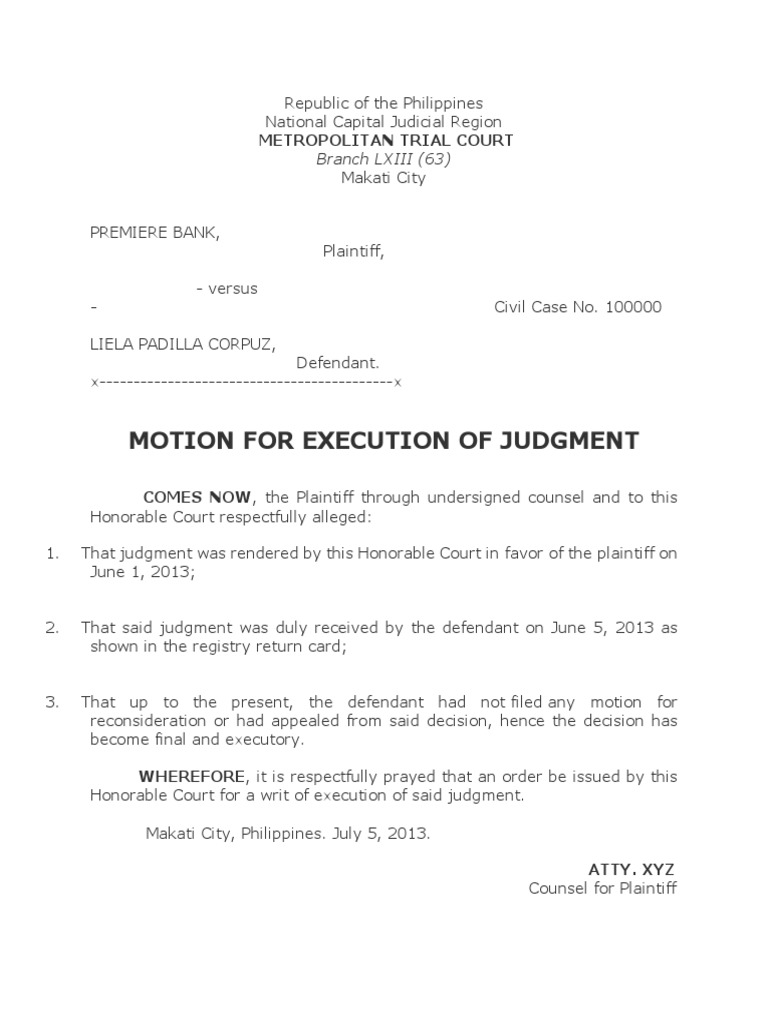 Motion For Execution of Judgment | PDF Motion For Execution of Judgment | PDF