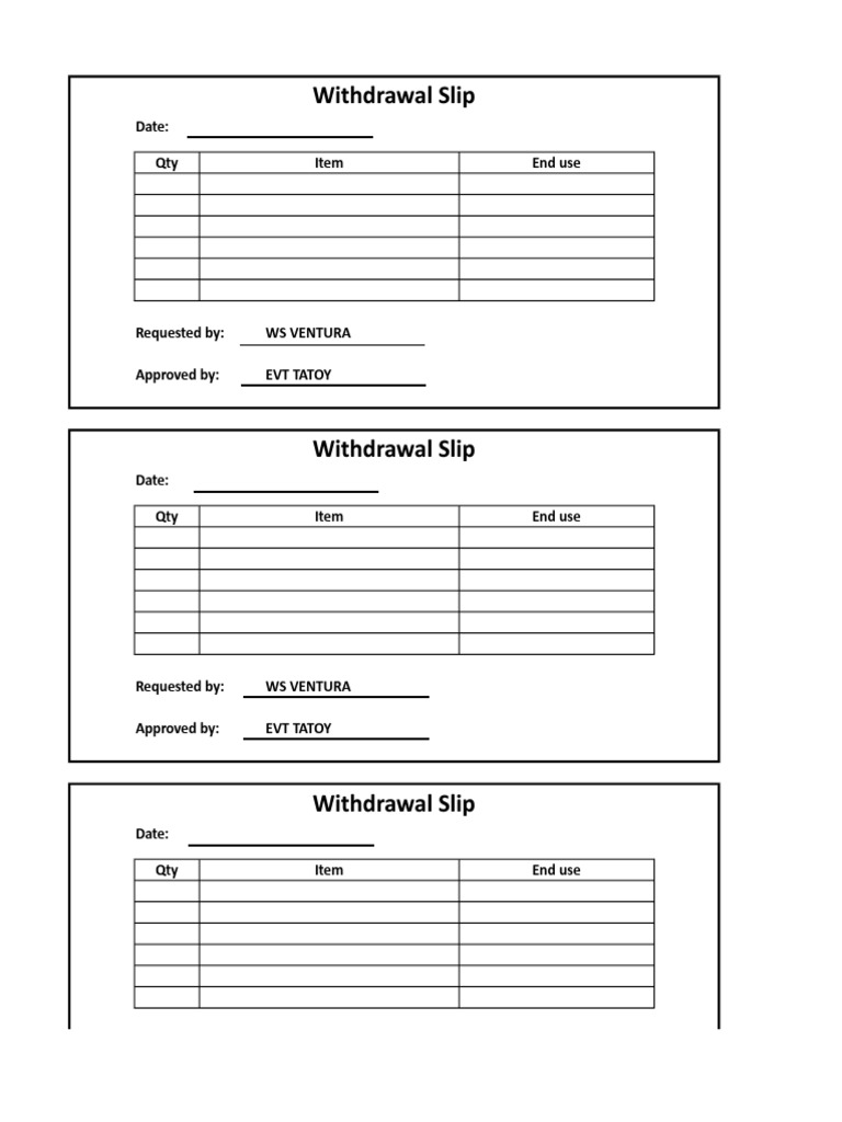 Standard Withdrawal Slip Template | PDF