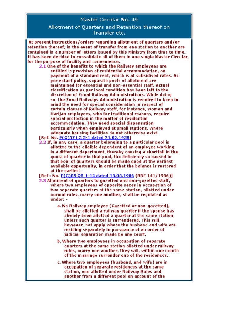 Master Circulars Allotment of Quarters | PDF | License | Employment
