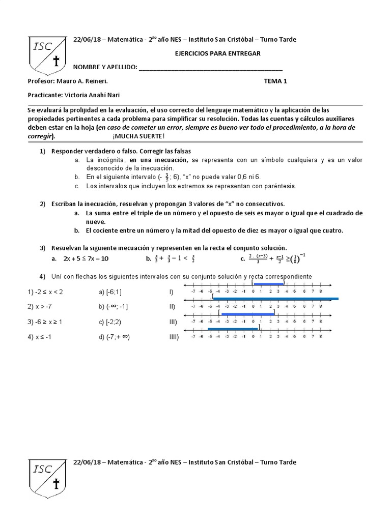 Examen de Intervalos e Inecuaciones - Victoria A. Nari | PDF | Intervalo (Matemáticas ...