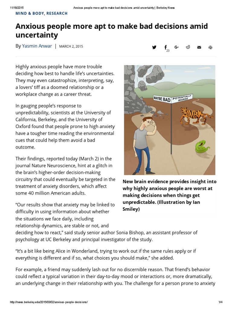 Anxious People More Apt To Make Bad Decisions Amid Uncertainty | PDF ...