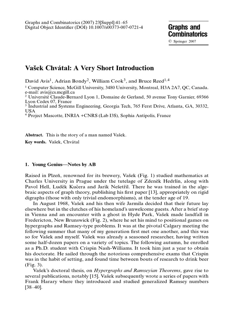 Vašek Chvátal: A Very Short Introduction: Graphs and Combinatorics ... Vašek Chvátal: A Very Short Introduction: Graphs and Combinatorics ...