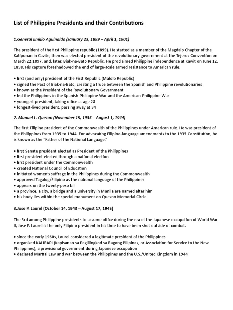 Presidents of The Philippines | PDF | President Of The Philippines ...
