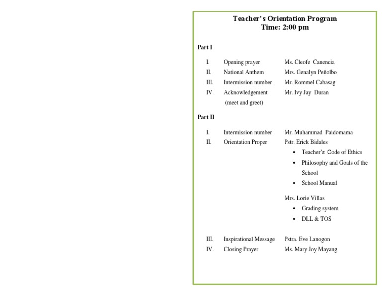 Teacher's Orientation Program Time: 2:00 PM | PDF