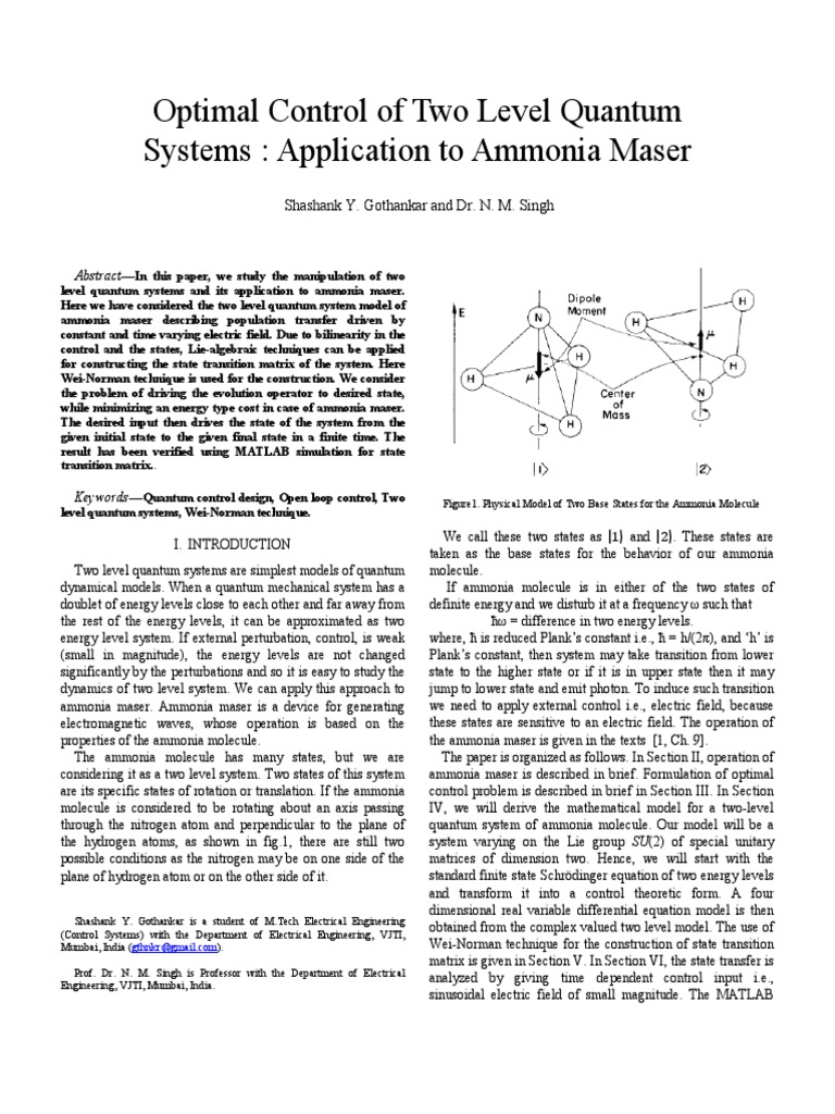 Optimal Control of Two Level Quantum Systems: Application To Ammonia Maser | PDF | Energy Level ...