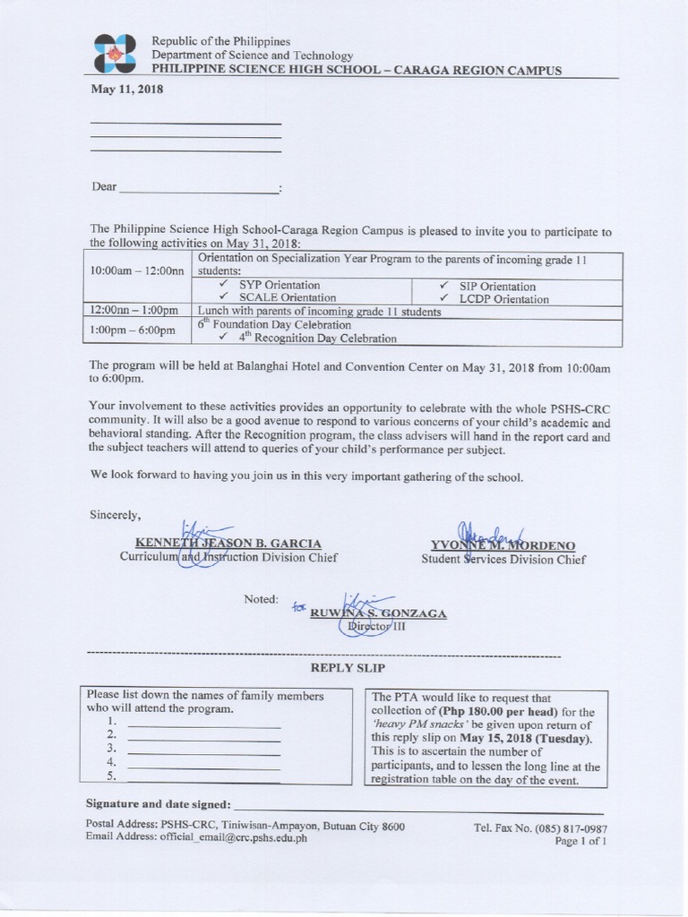 Letter To Parents Foundation and Recognition Day Celebration | PDF