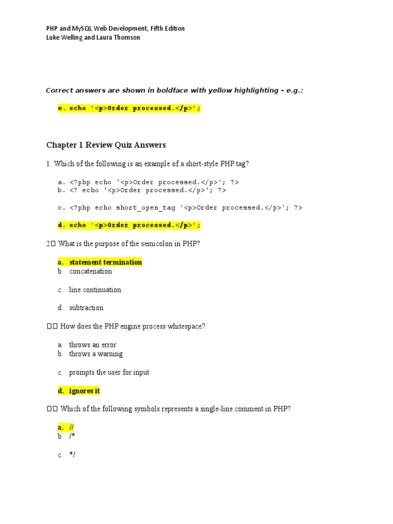 PHPMySQLWebDev5E ChapterReviewQuizzes+ANSWERS | PDF | Relational Model ...