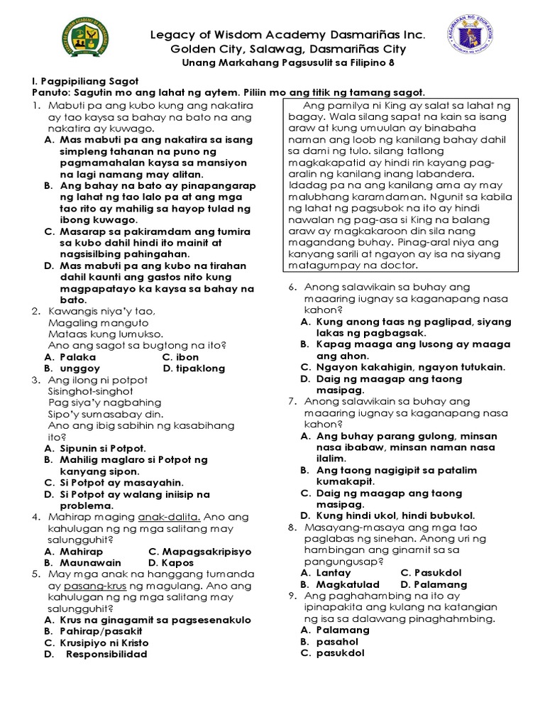 Unang Markahang Pagsusulit Sa Filipino 8 (Original) | PDF