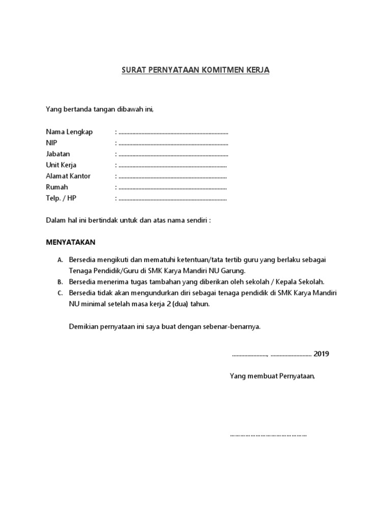 Surat Pernyataan Komitmen Kerja | PDF