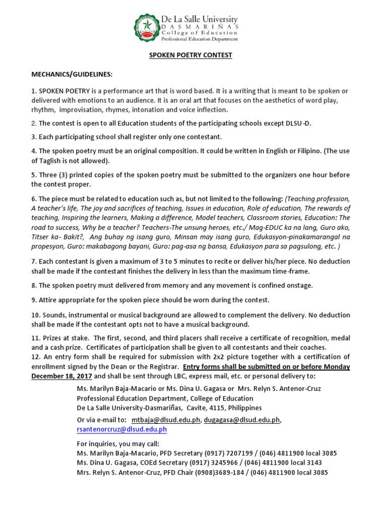 Mechanics Spoken Poetry Contest PDF | PDF | Poetry | Human Communication