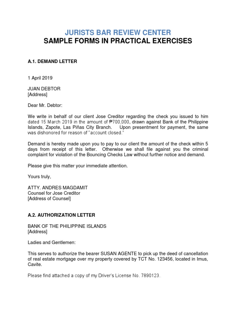 Sample Forms in Practical Exercises: Jurists Bar Review Center | PDF ...