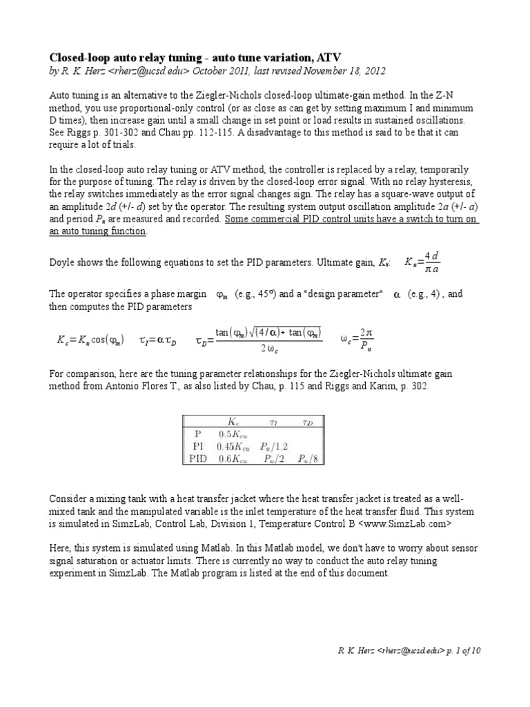 Closed-Loop Auto Relay Tuning: Investigating the Effects of Relay Hysteresis, Sensor Lag, and ...
