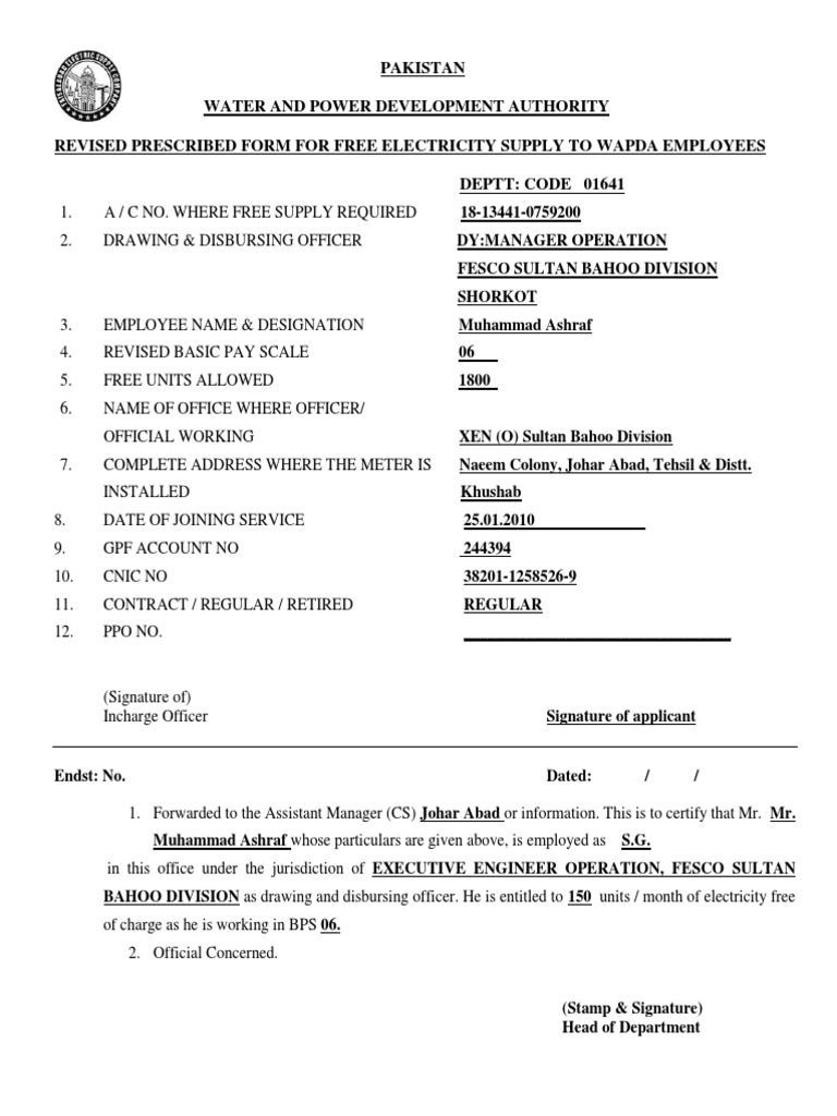 Pakistan Water and Power Development Authority Revised Prescribed Form For Free Electricity ...