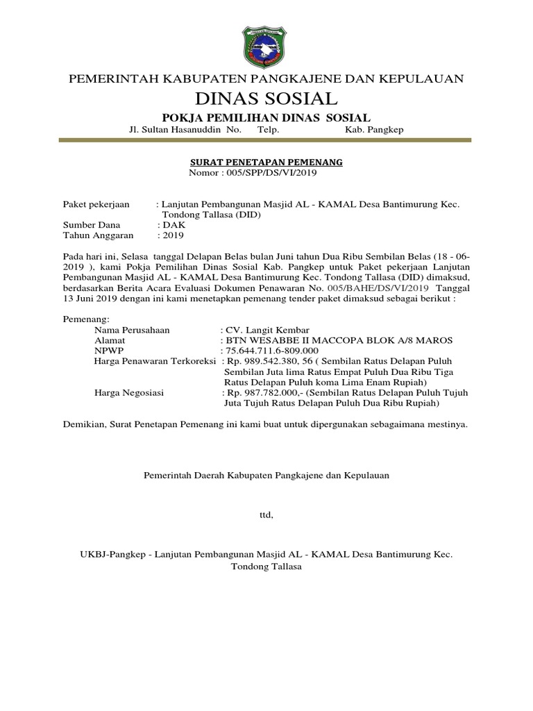 Surat Penetapan Pemenang | PDF