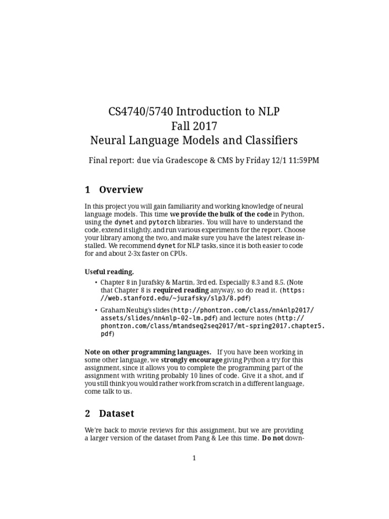 CS4740/5740 Introduction To NLP Fall 2017 Neural Language Models and ...