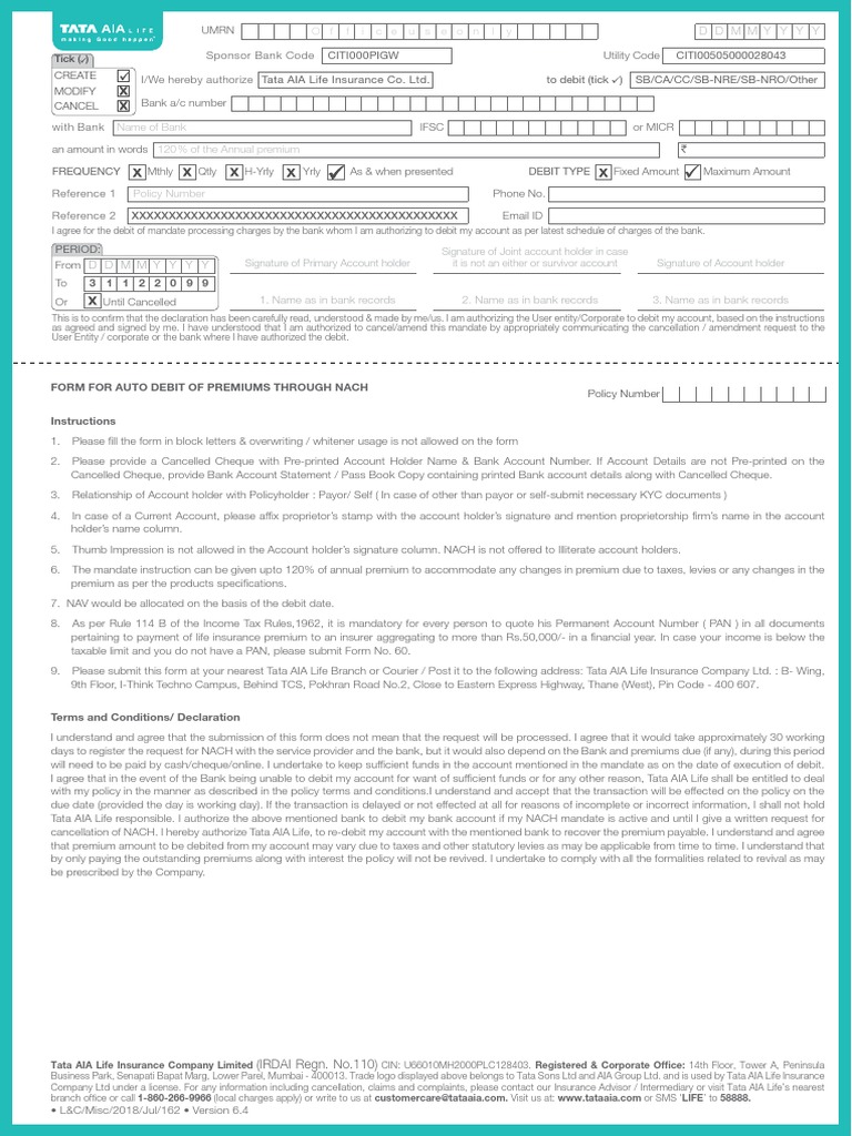NACH Form | PDF | Insurance | Debit Card