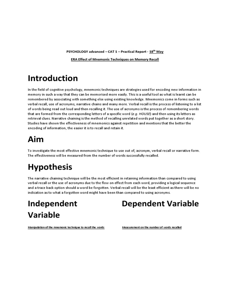 Independent Variable Dependent Variable | PDF | Recall (Memory) | Mnemonic