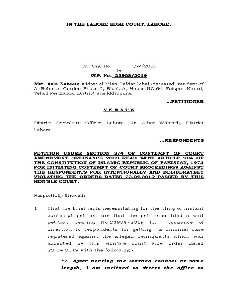 Writ Petition (Contempt Criminal Matter) Mst. Asia Nabeela (ADV Mian ...