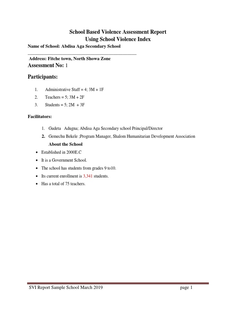 Abdisa Aga School Based Violence Assessment Report | PDF | Violence | Teachers