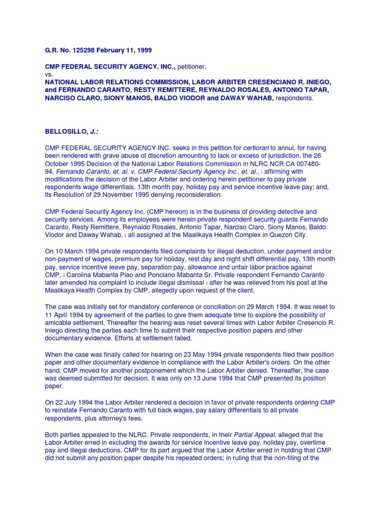 CMP Federal Security Agency, Inc Vs NLRC | PDF | Arbitration | Complaint