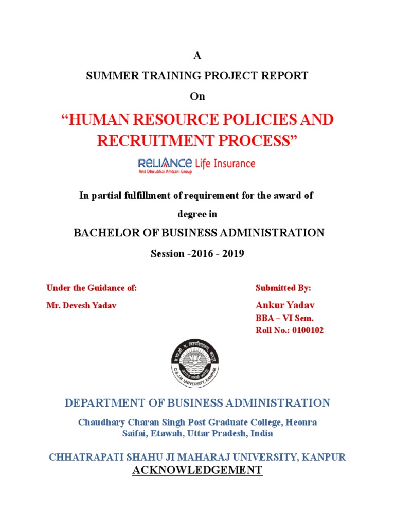 "Human Resource Policies and Recruitment Process": A Summer Training ...