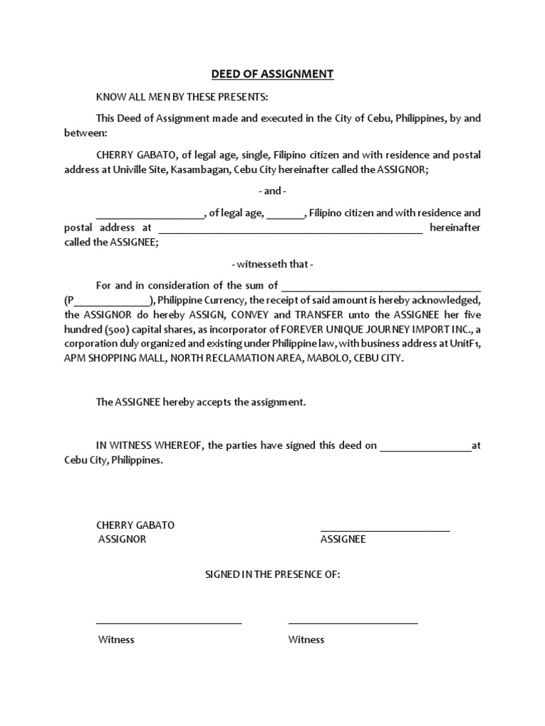 Deed of Assignment Shares of Stock | PDF
