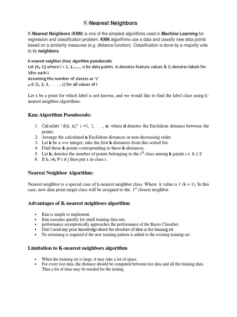K-Nearest Neighbors: KNN Algorithm Pseudocode | PDF