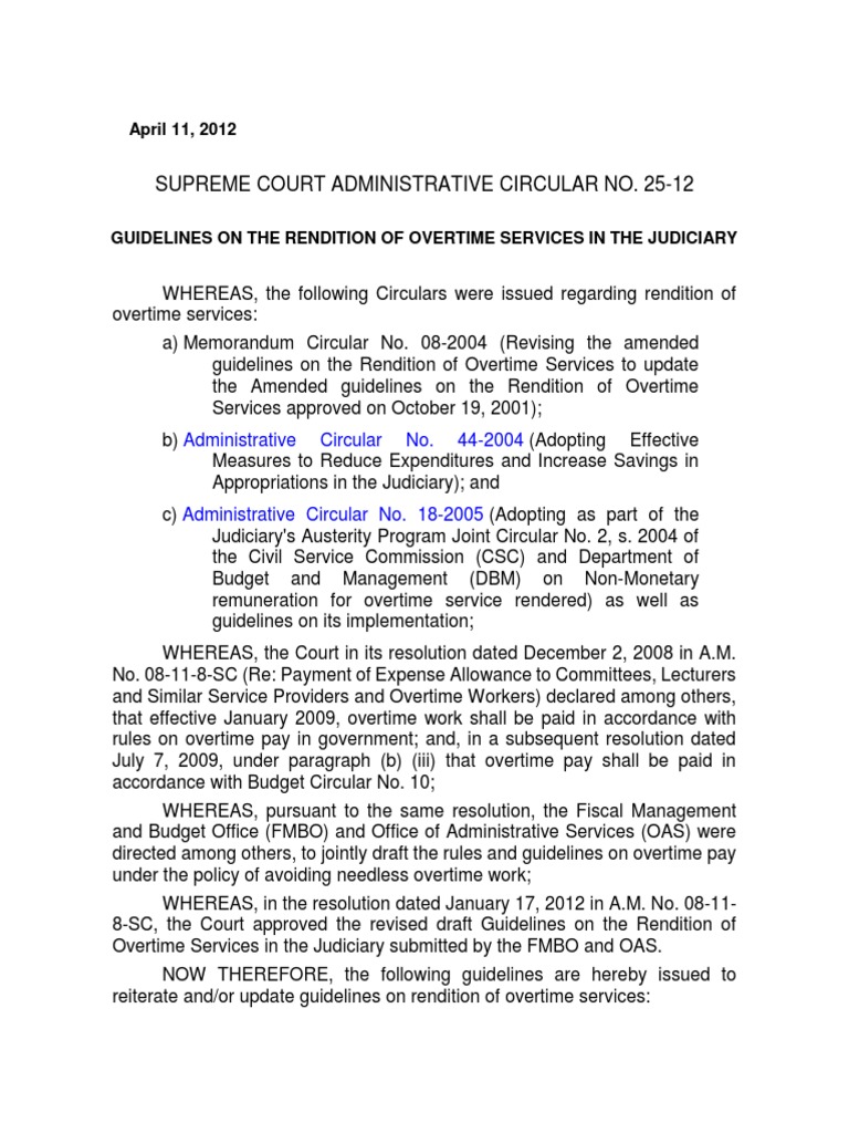 Supreme Court Administrative Circular No. 25-12 | PDF | Overtime ...