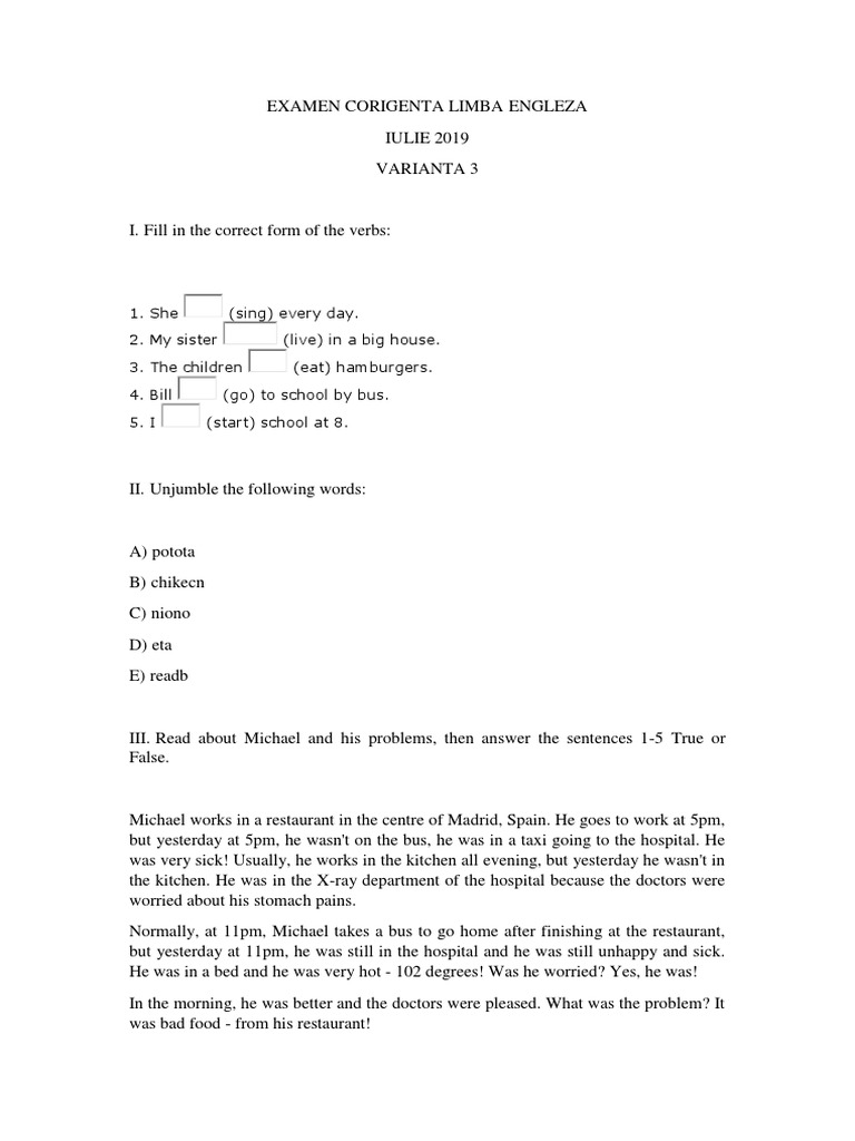 Examen Corigenta Limba Engleza | PDF