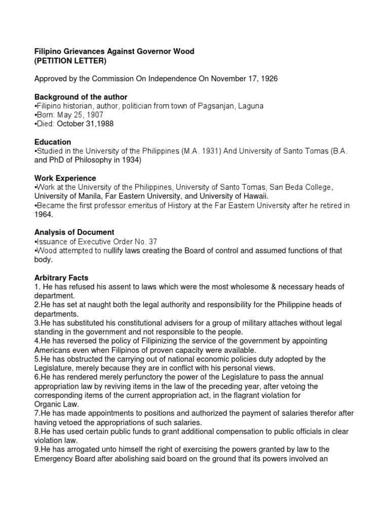 Filipino Grievances Against Governor Wood (Petition Letter) | PDF ...