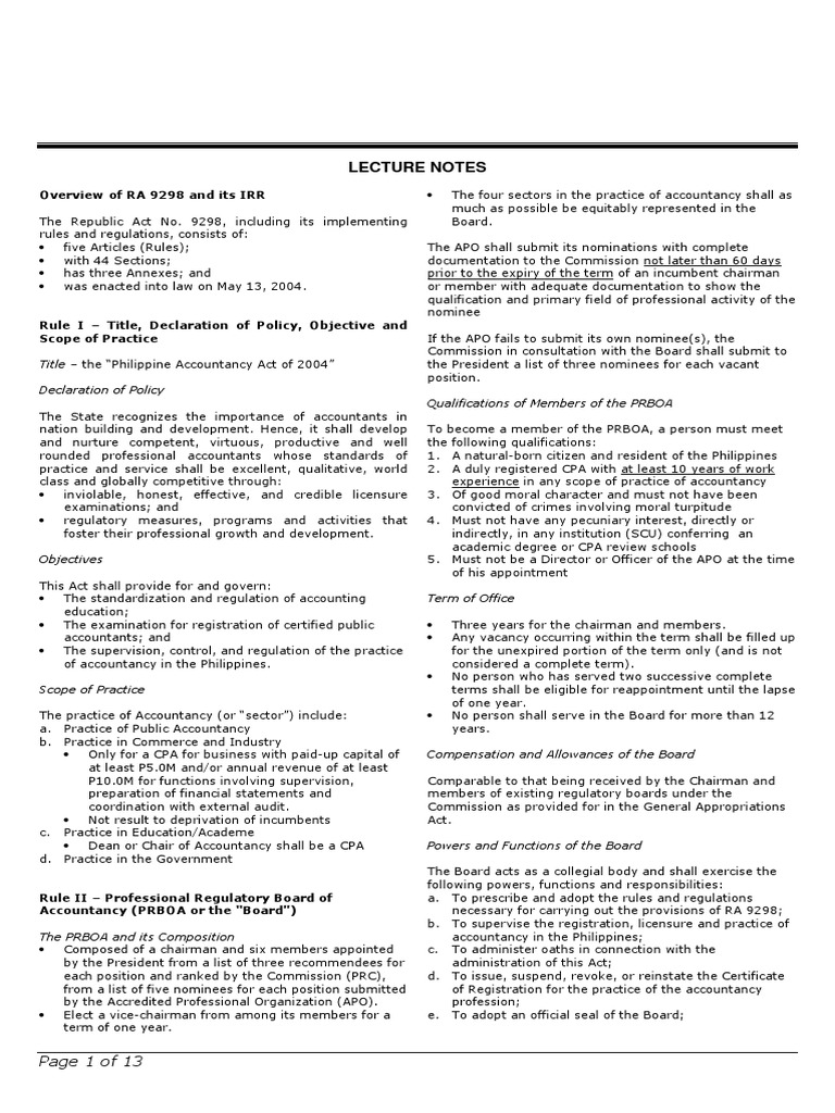 R.A. 9298 Lecture Notes | PDF | Certified Public Accountant | Licensure