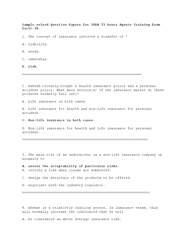 Sample Solved Question Papers For Irda 25 Hours Agents Training Exam ...