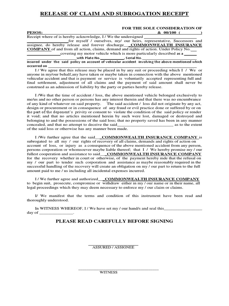 Release of Claim and Subrogation Receipt | PDF | Insurance | Virtue