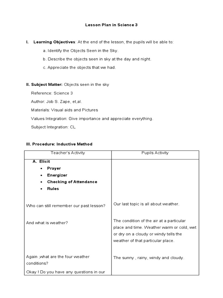 Lesson Plan in Science 3 | PDF | Sky | Night