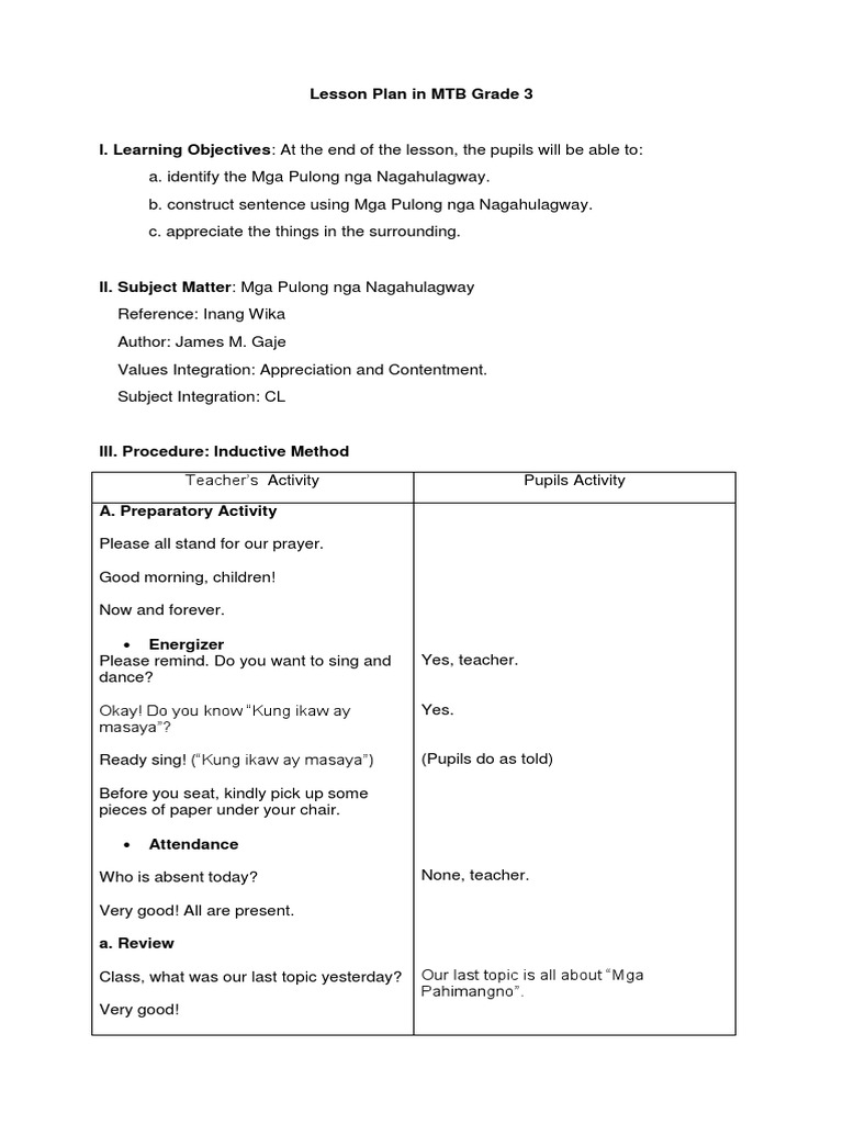 Lesson Plan in MTB Grade 3 | PDF