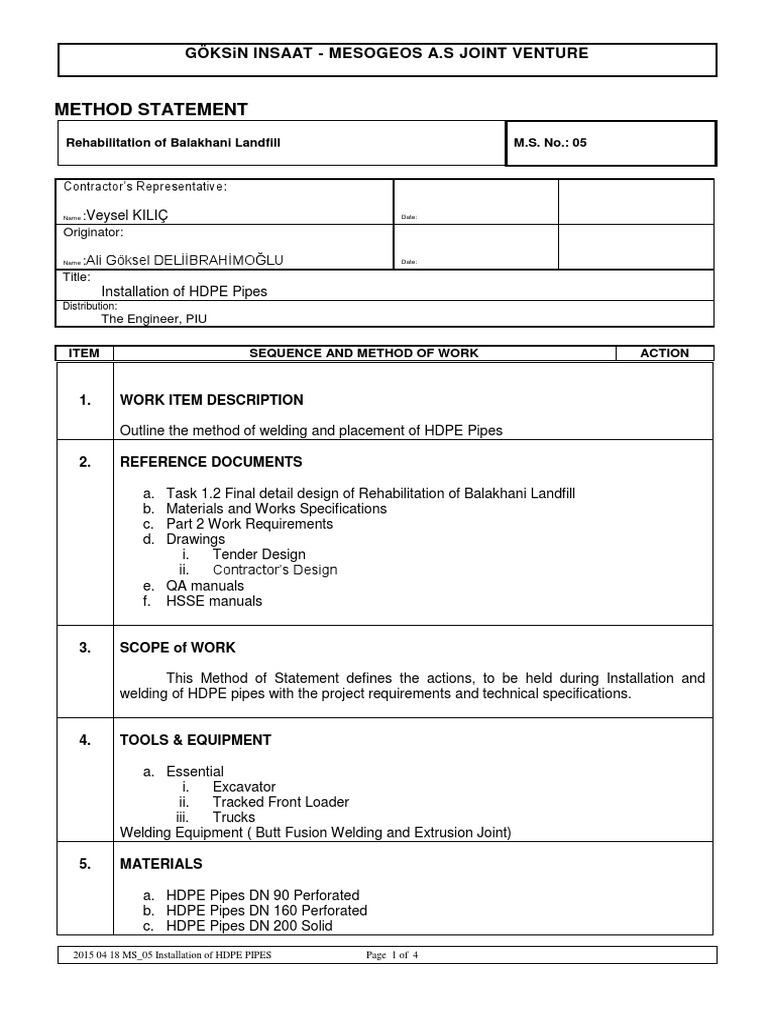HDPE Pipe Installation Method Statement | PDF | Pipe (Fluid Conveyance ...