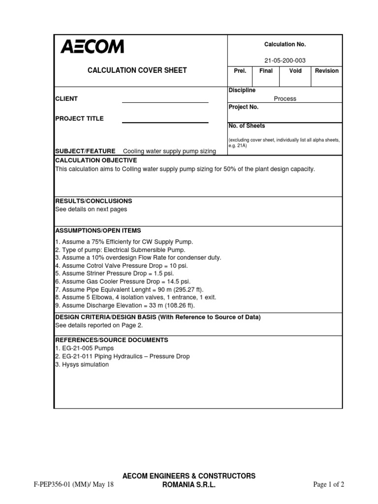 Calculation Cover Sheet: Client | PDF | Horsepower | Pump
