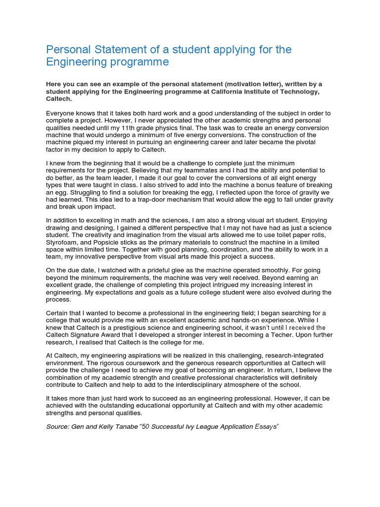 Personal Statement of A Student Applying For The Engineering Programme ...