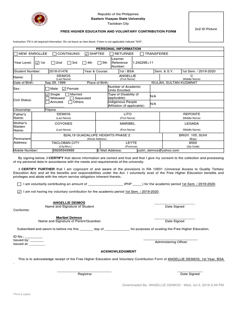 Voluntary Contribution Form for First Year Bachelor of Science in ...