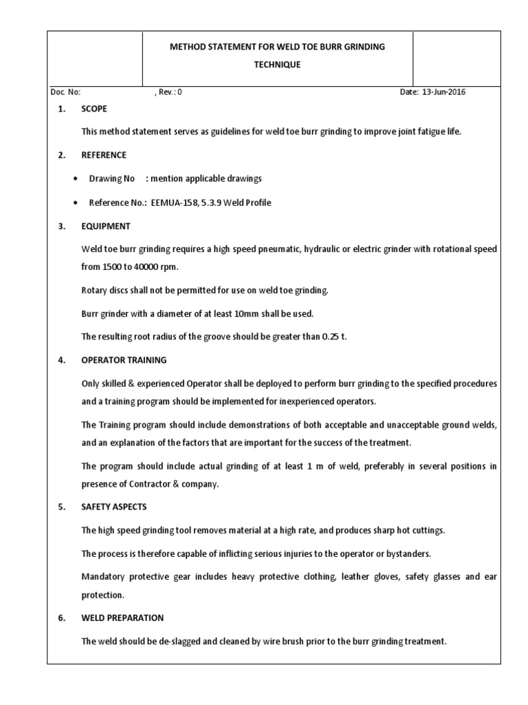 Weld Toe Burr Grinding Procedure | PDF | Grinding (Abrasive Cutting ...