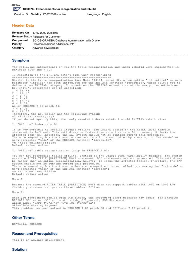 Enhancements For Reorganization and Rebuild | PDF | Oracle Database | Computer Engineering